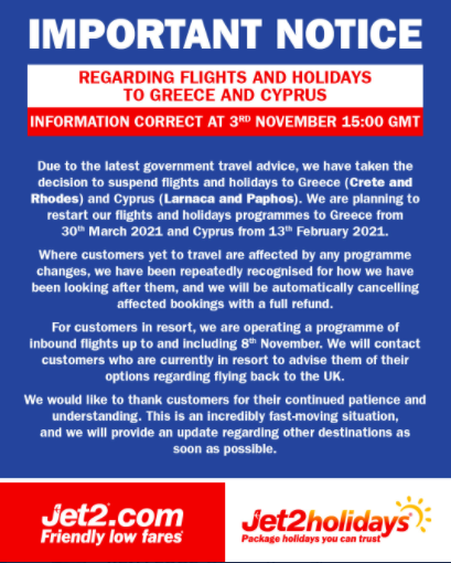 Jet2 cancels all flights and holidays to Greece and Cyprus until 2021
